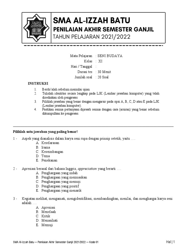 Penilaian Akhir Seni Budaya Kelas XI | PDF
