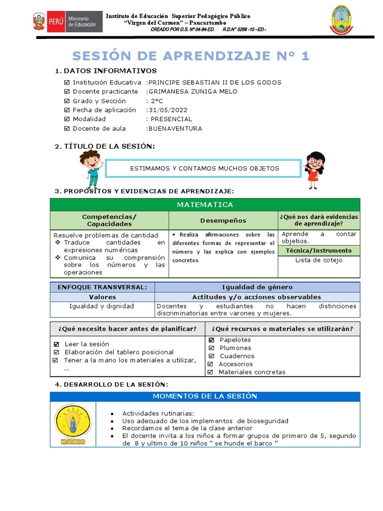 SESIÓN DE APRENDIZAJE N 001 de Matematica Grima | PDF | Aprendizaje | Maestros