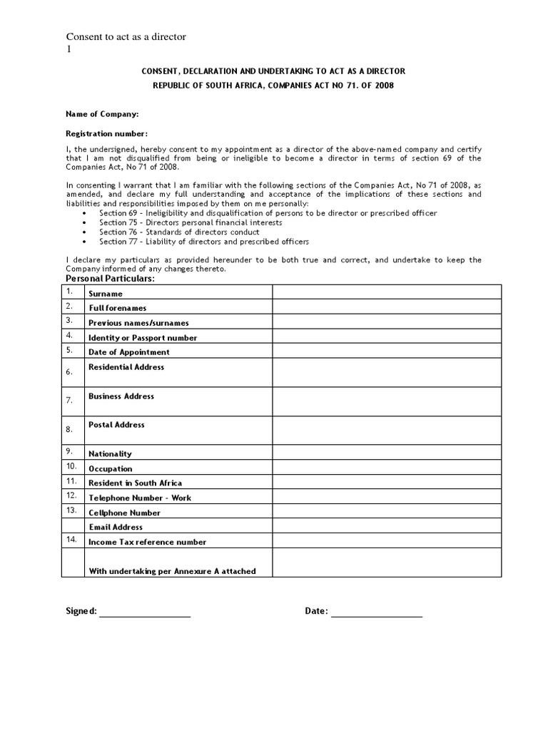 Director Consent Form South Africa | PDF | Indemnity | Damages