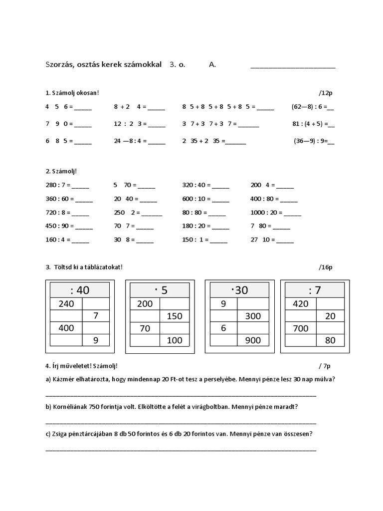 Kerek Számok Szorzása Osztása Felmérés A B Cs. | PDF