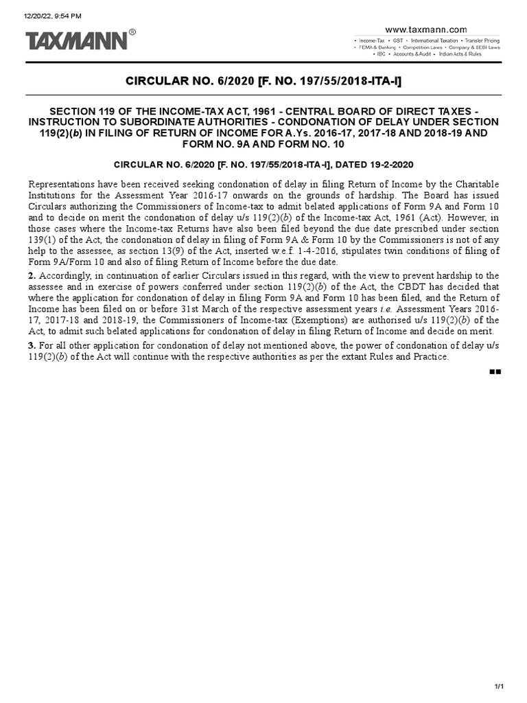 Cbdt Circular 6 Of 2020 Dt 19 02 2020 Pdf