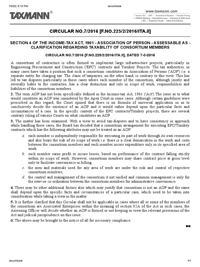 Cbdt Circular 7 Of 2016 Aop Consortium Taxablility Pdf Consortium