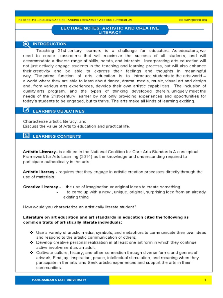 Group 6 - Artistic and Creative Literacy | PDF | Teaching Method | The Arts