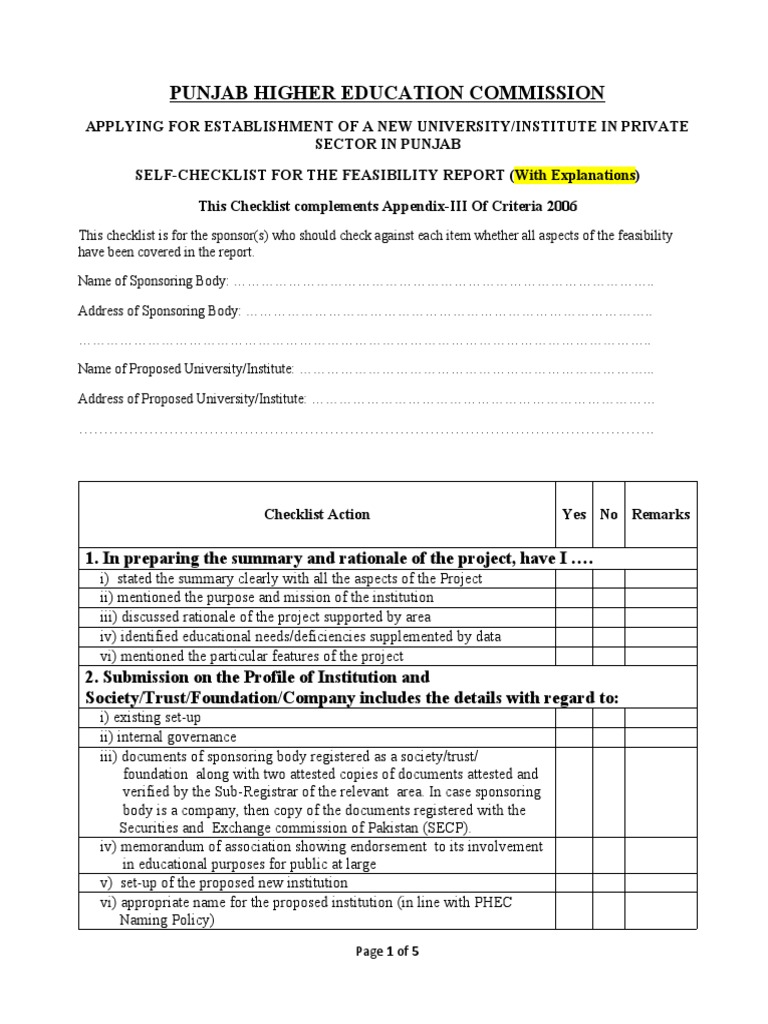Self Checklist For The Feasibility Report With Explanations | PDF ...