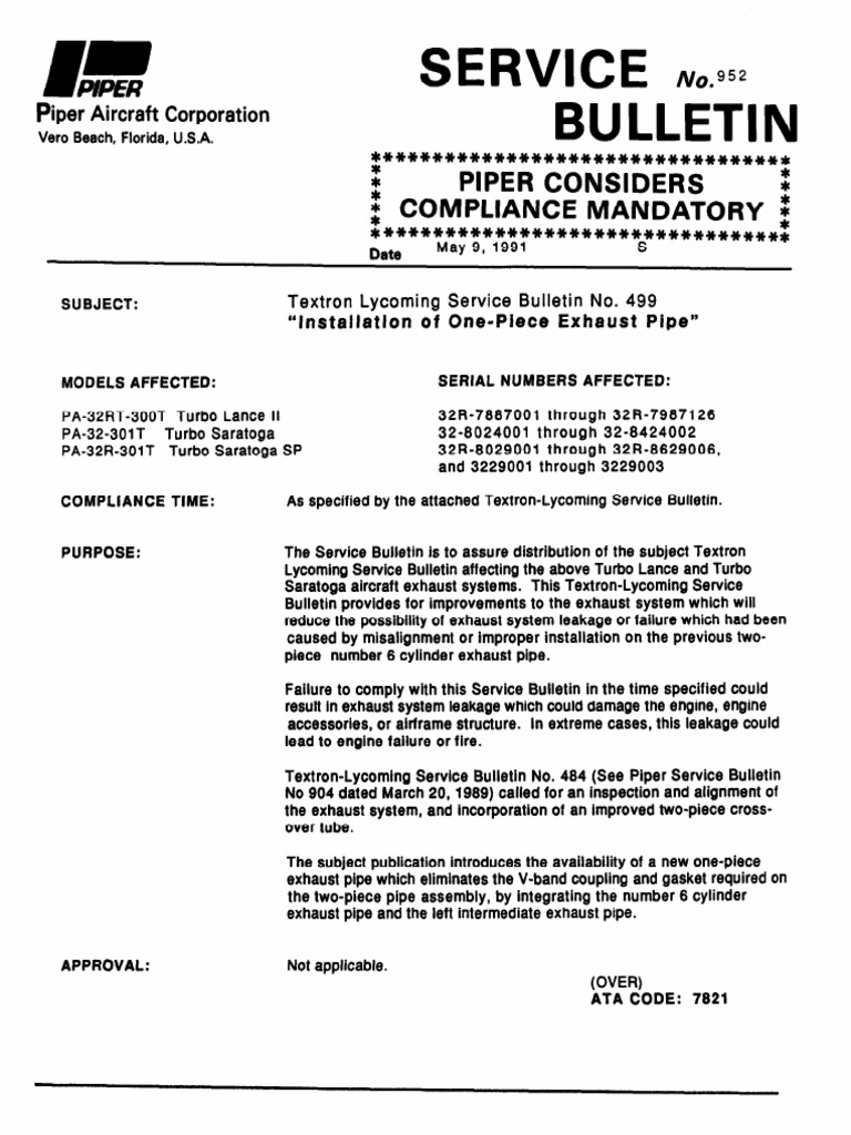 Piper SB 952 One Piece Exhaust Pipe Installation | PDF | Pipe (Fluid ...