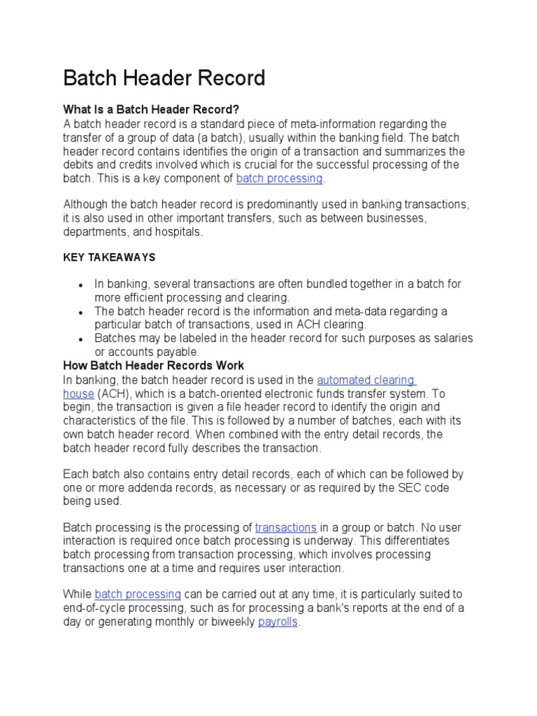 Batch Header Record | PDF | Clearing (Finance) | Payroll