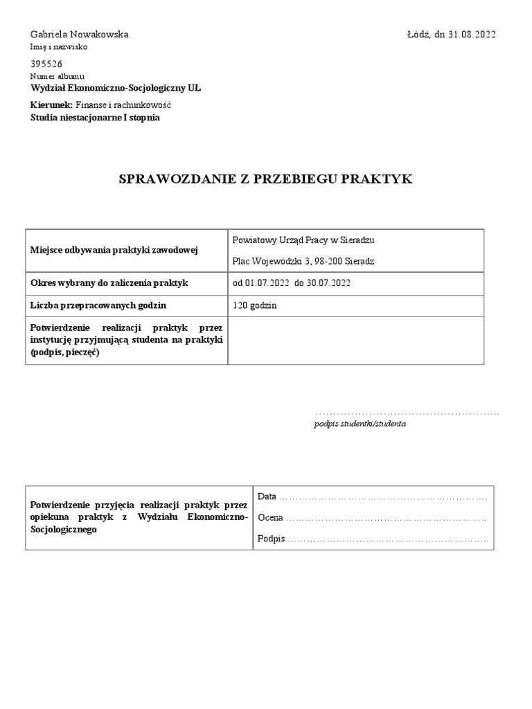 Sprawozdanie Z Praktyk Gabriela Nowakowska | PDF Sprawozdanie Z Praktyk Gabriela Nowakowska | PDF