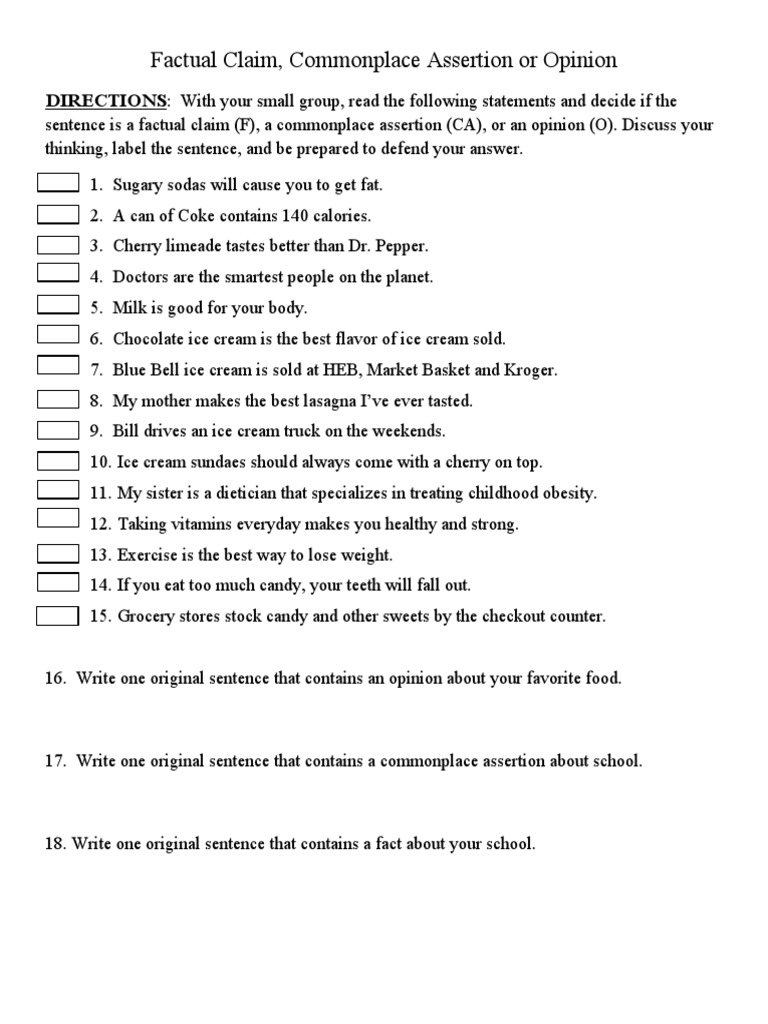 Fact-Opinion-Assertion - Distinguishing Facts, Opinions, and Commonplace Assertions - Activity ...