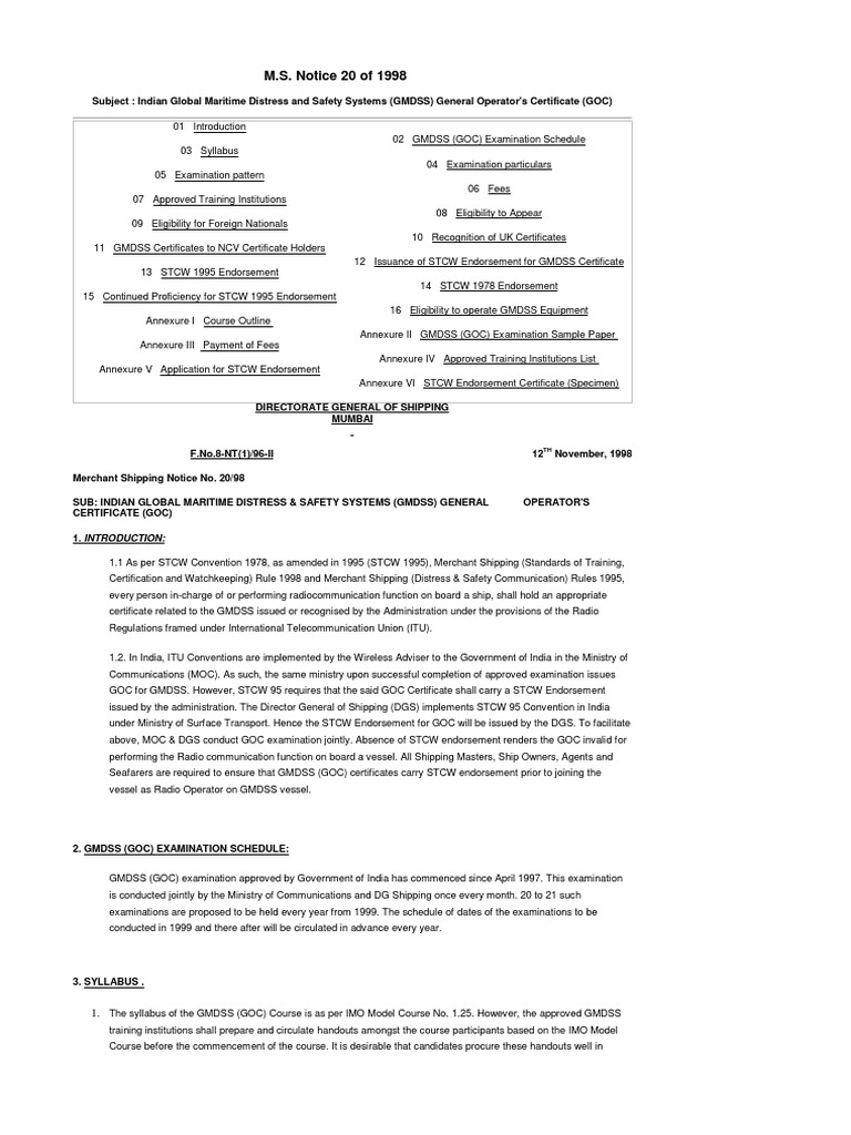Indian Global Maritime Distress & Safety System (GMDSS) General ...