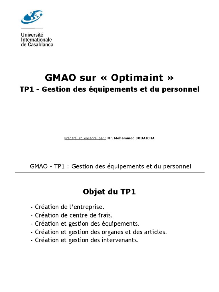 GMAO Sur Optimaint : TP1 - Gestion Des Équipements Et Du Personnel ...