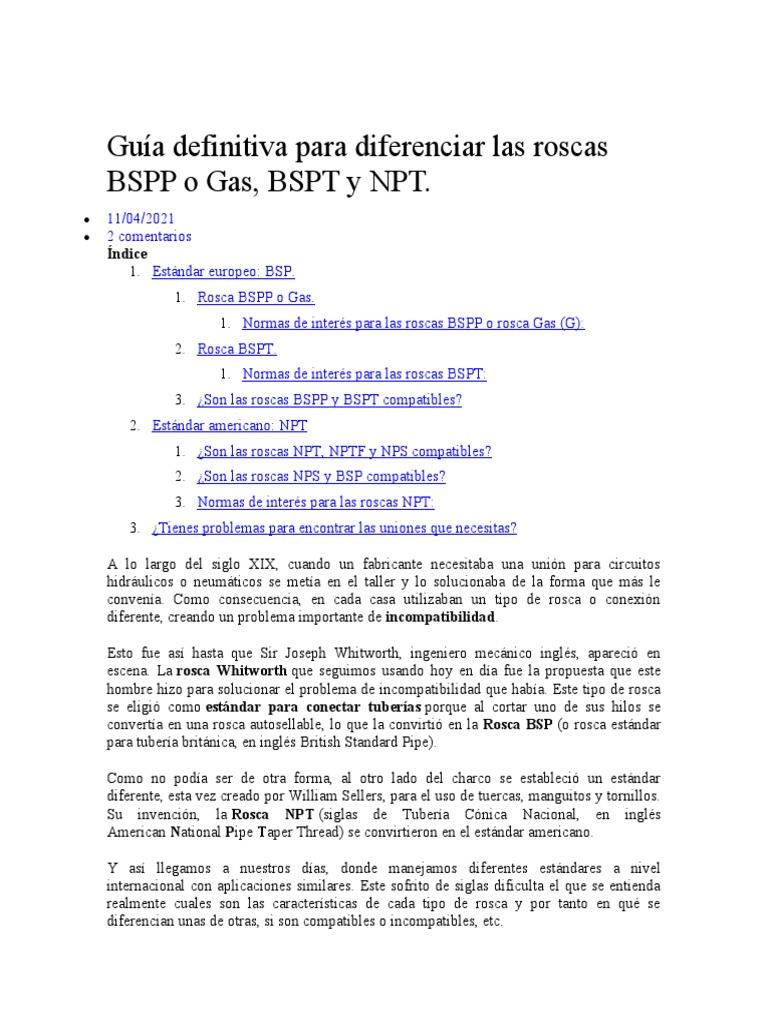 Guía de Roscas BSP y NPT | PDF | Metalurgia | Ingeniería mecánica