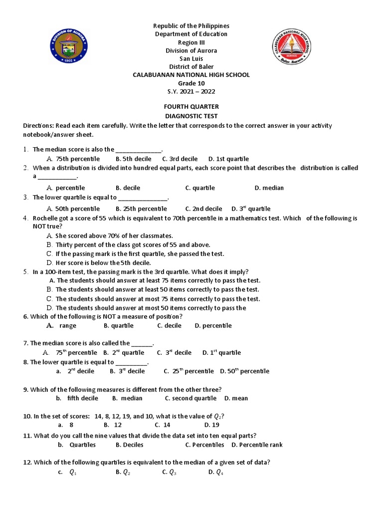 Grade 10 Math 4th Quarter Diagnostic Test | PDF | Percentile | Median