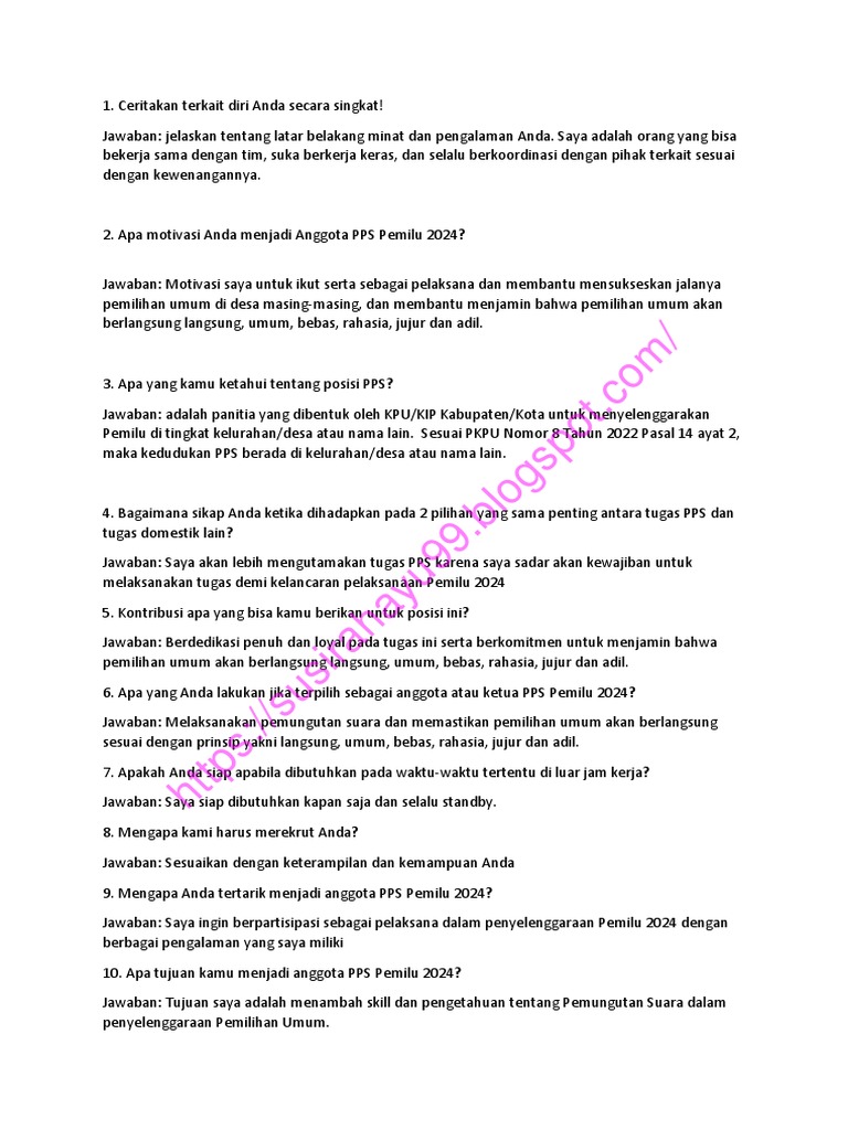 Soal Tes Wawancara Seleksi Pps Pemilu 2024 Pdf