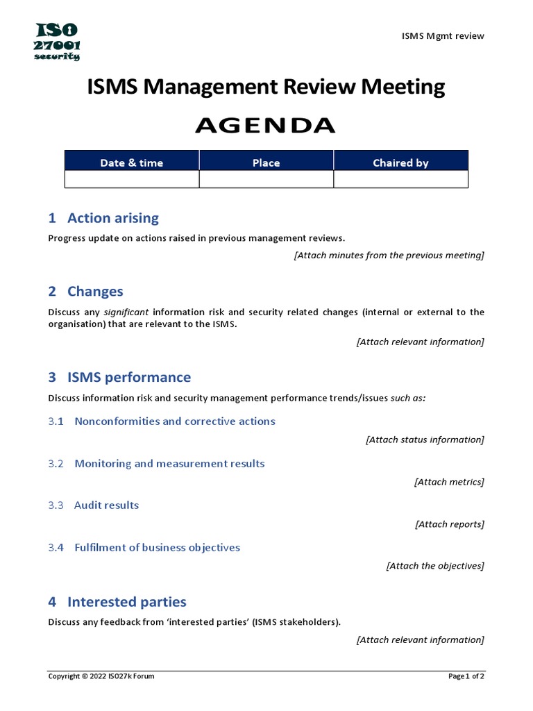 ISO27k ISMS 9.3 Management Review Meeting Agenda 2022 | PDF