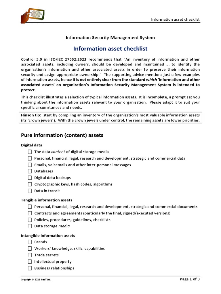 ISO27k ISMS A5.9 Information Asset Checklist 2022 | PDF | Information ...