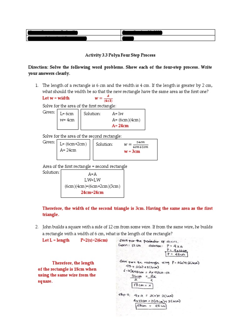 Polya Four Step Process Activity | PDF | Area | Length