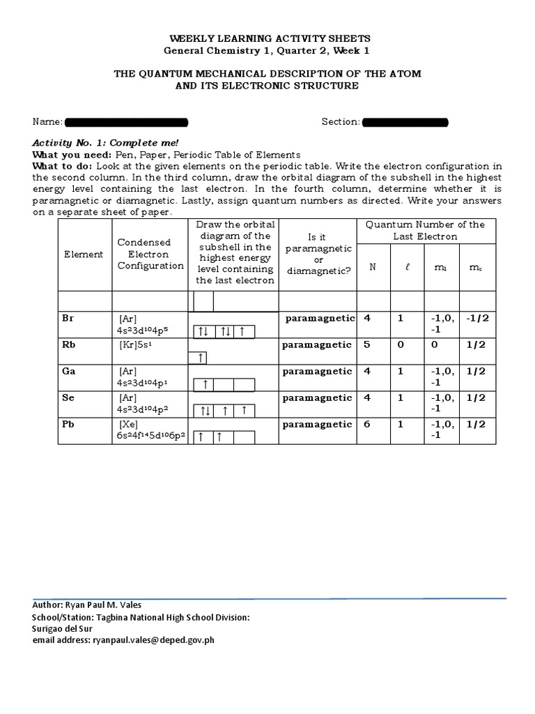 Quantum Numbers Activity Sheet | PDF