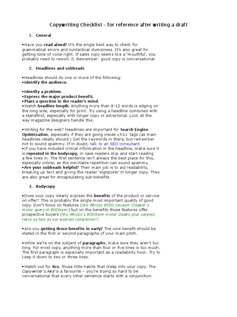 Copywriting Checklist | PDF | Verb | Language Mechanics
