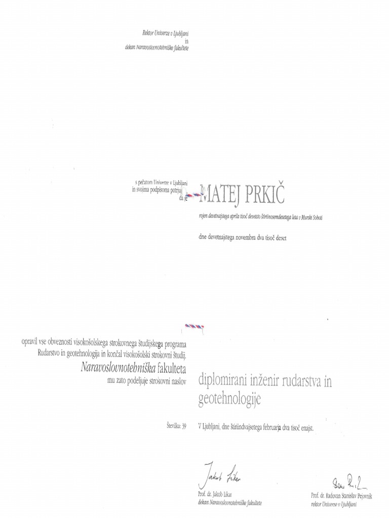 Diploma (Inženir Rudarstva in Geotehnologije) Matej Prkič | PDF