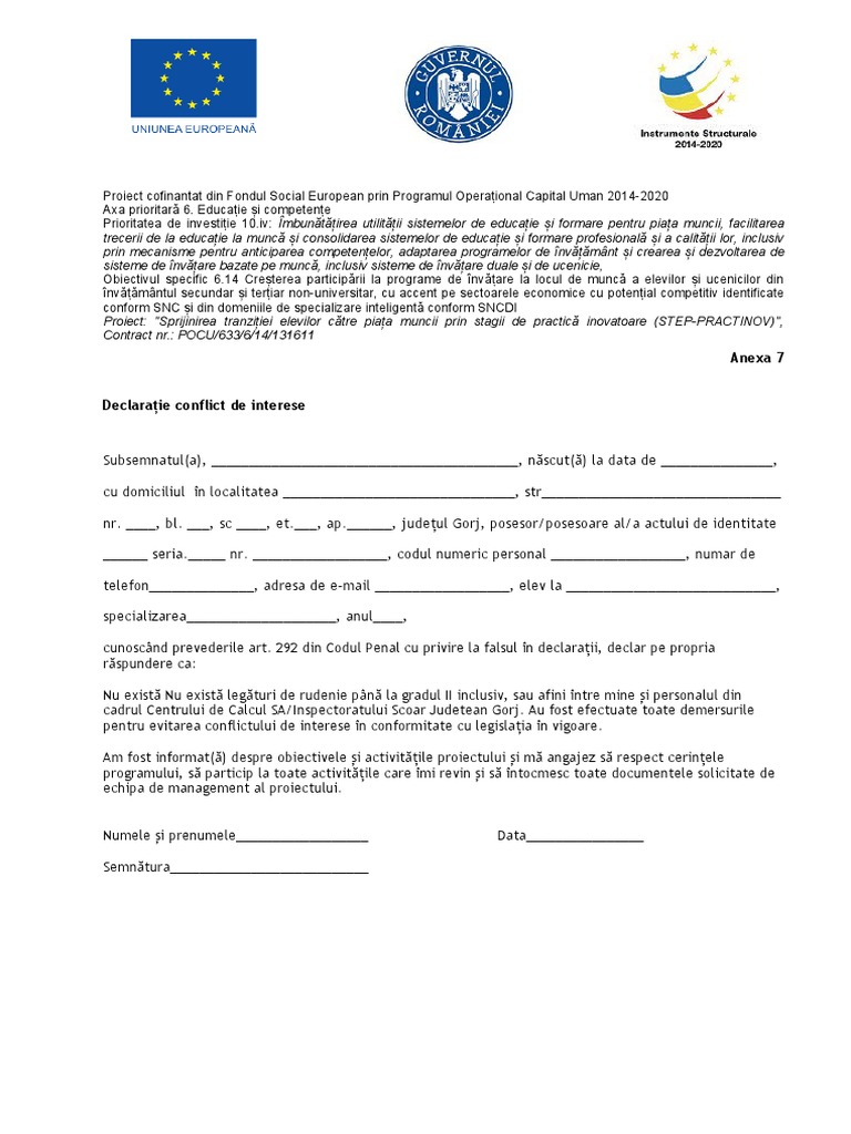 Anexa 7 - Declaratie Conflict de Interese | PDF