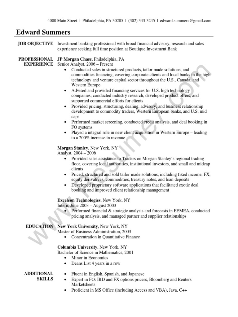 Investment Banker Resume Sample | PDF | Investment Banking | Financial ...