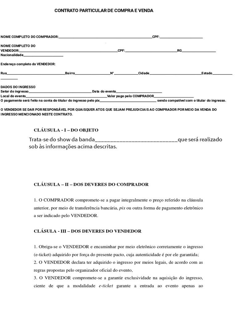 Contrato Particular de Compra e Venda - Ingresso | PDF
