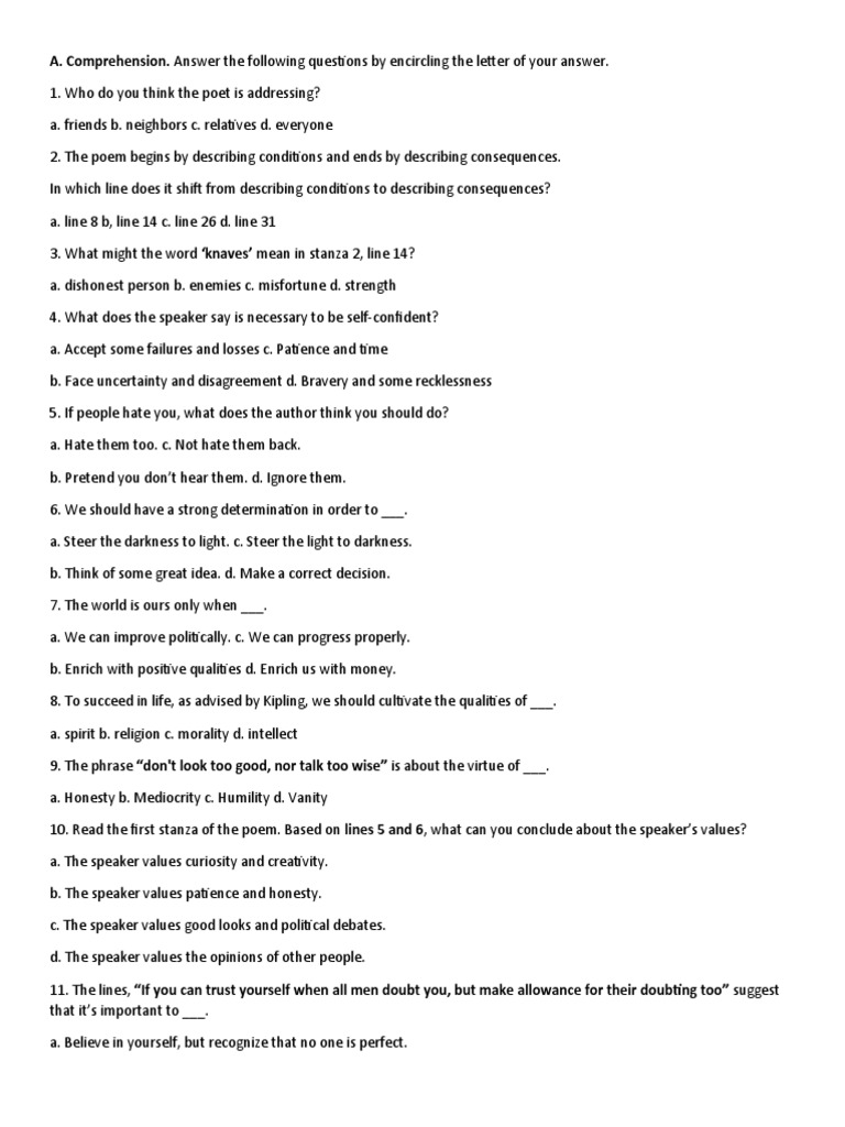 Comprehension Questions on Poem | PDF | Courage