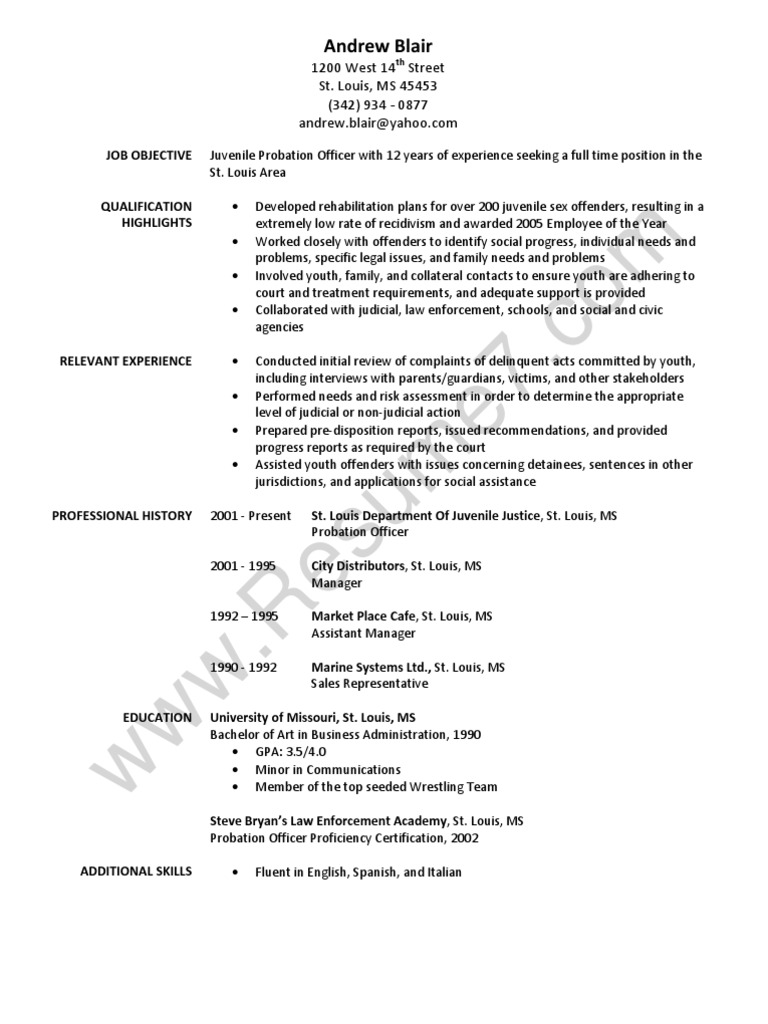 Probation Officer Resume Sample | Probation Officer | Probation