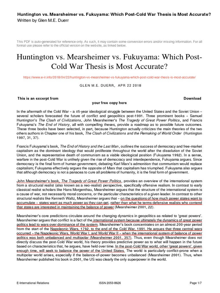Huntington vs. Mearsheimer vs. Fukuyama Which Post Cold War Thesis Is ...