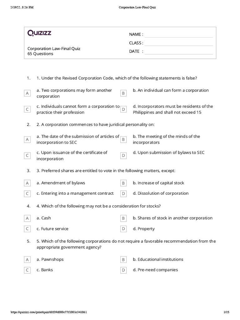 Corporation Law Final Quiz Guide | PDF | Corporations | Stocks
