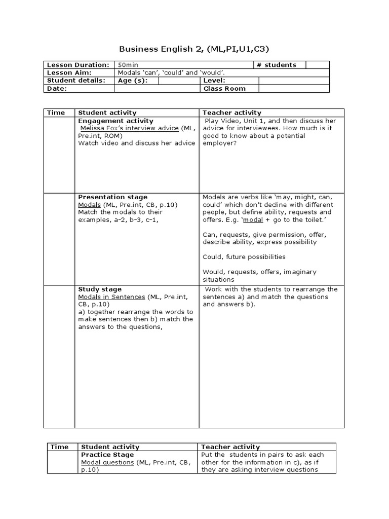 Business English 2 Ml Pi U1 C3 Pdf Question Grammar 