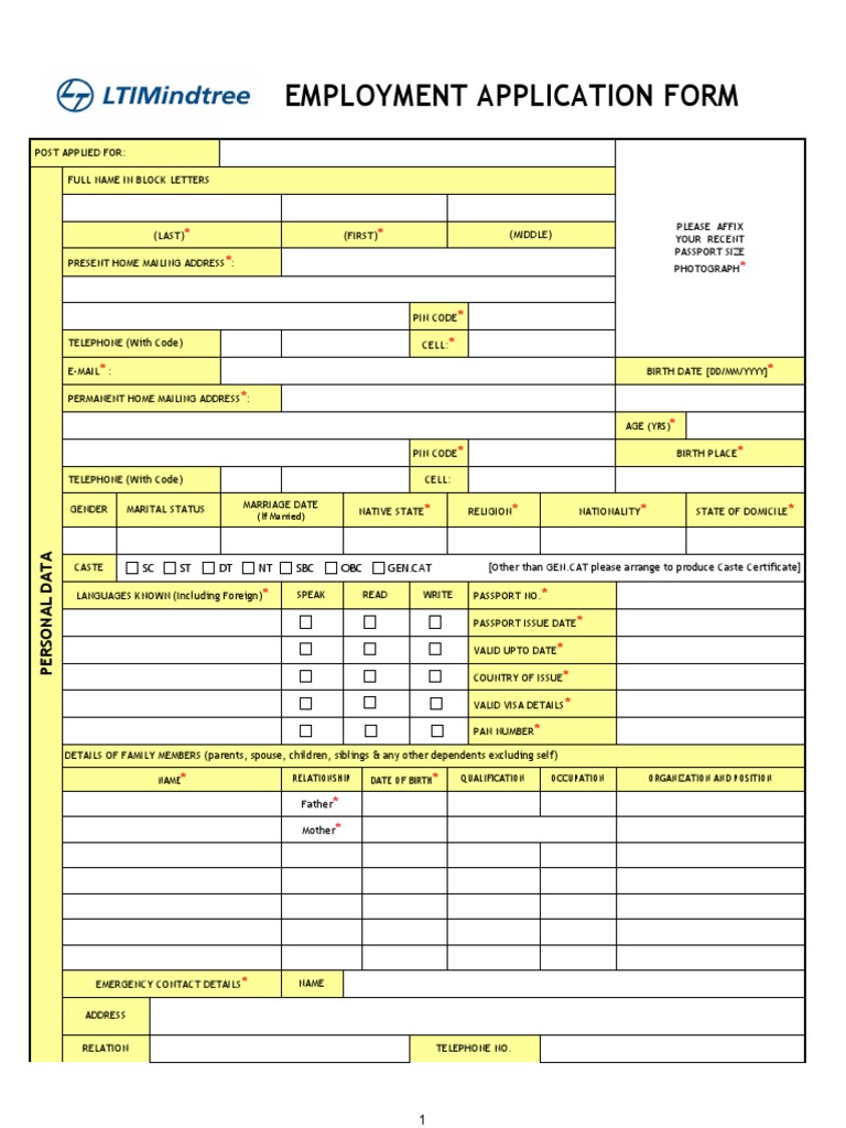 LTI Mindtree Employment Application Form | PDF