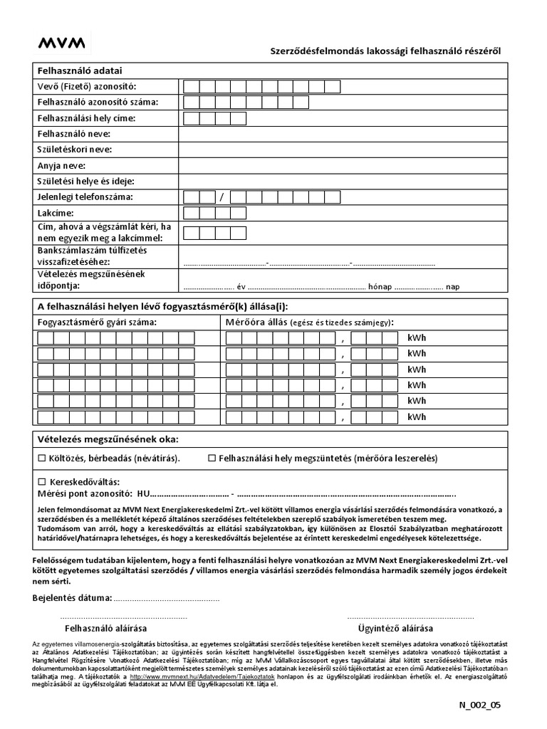N - 002 - 04 - Szerzodesfelmondas Lakossagi Felhasznalo Reszerol - ESZ - MVM - 2021 | PDF