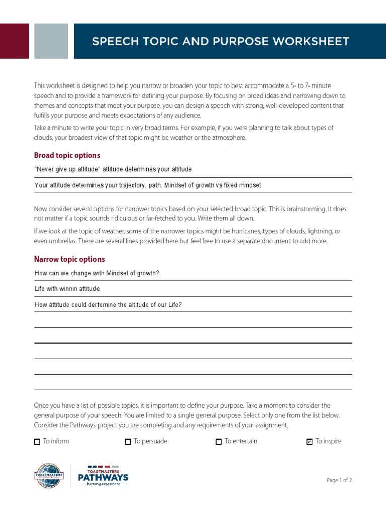 8057 Speech Topic and Purpose FF | PDF | Cloud | Mindset