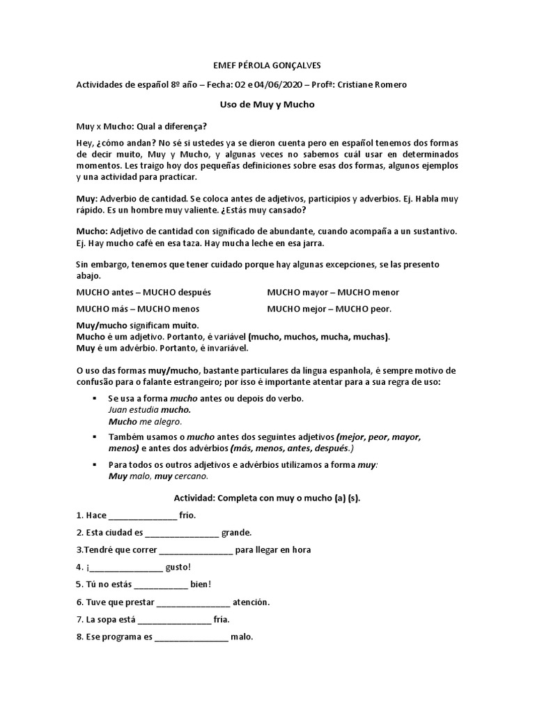 Uso de Muy y Mucho en Español | PDF