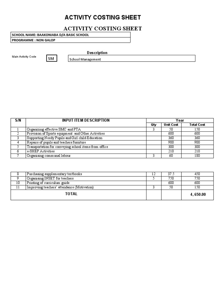 Activity Costing Sheet Baakrom | PDF