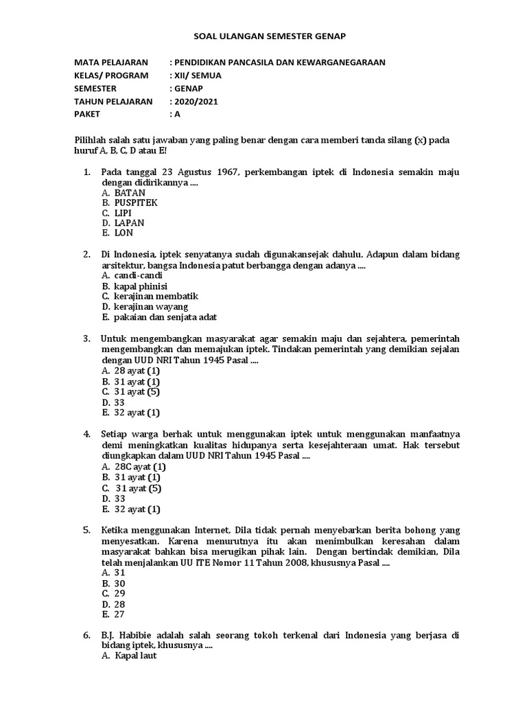 SOAL PPKN PAKET A | PDF | Politik