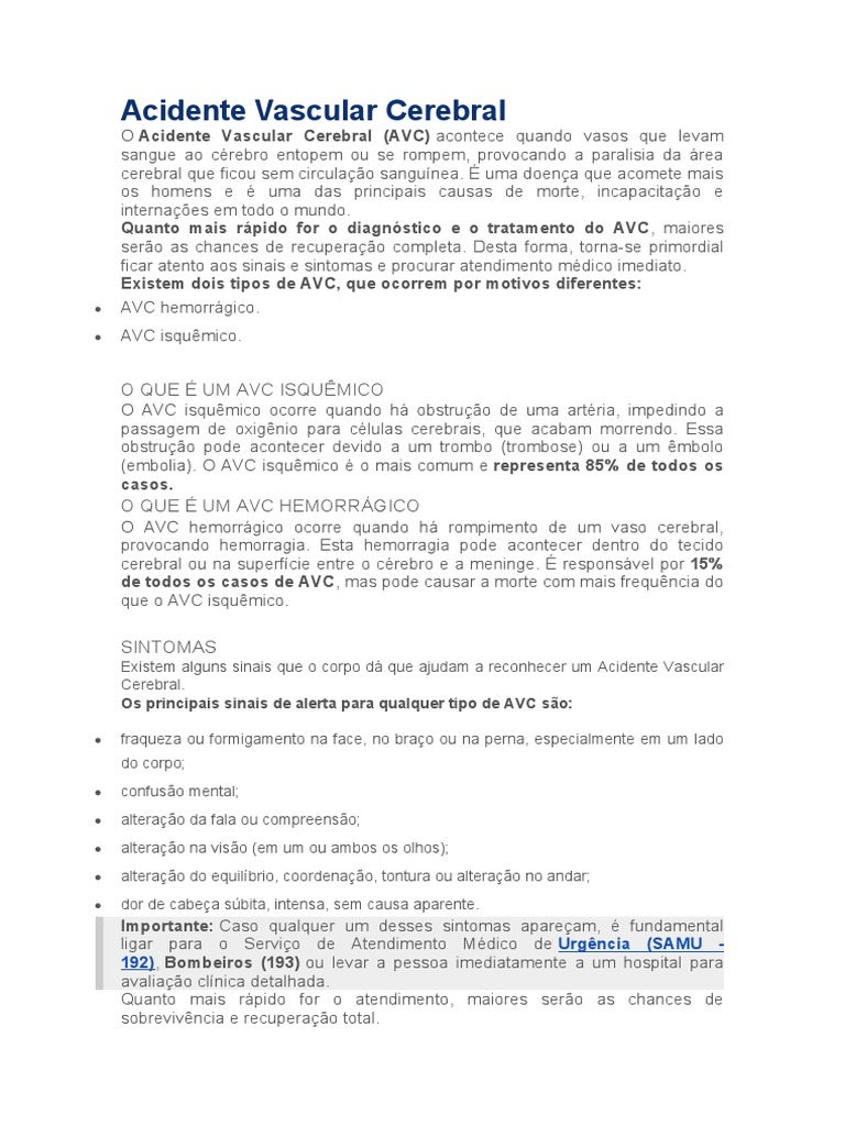 Acidente Vascular Cerebral | PDF | AVC | Isquemia