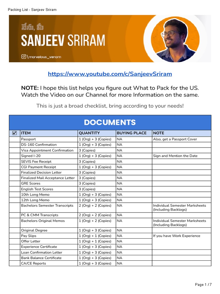 Packing List - Sanjeev Sriram | PDF | Trousers