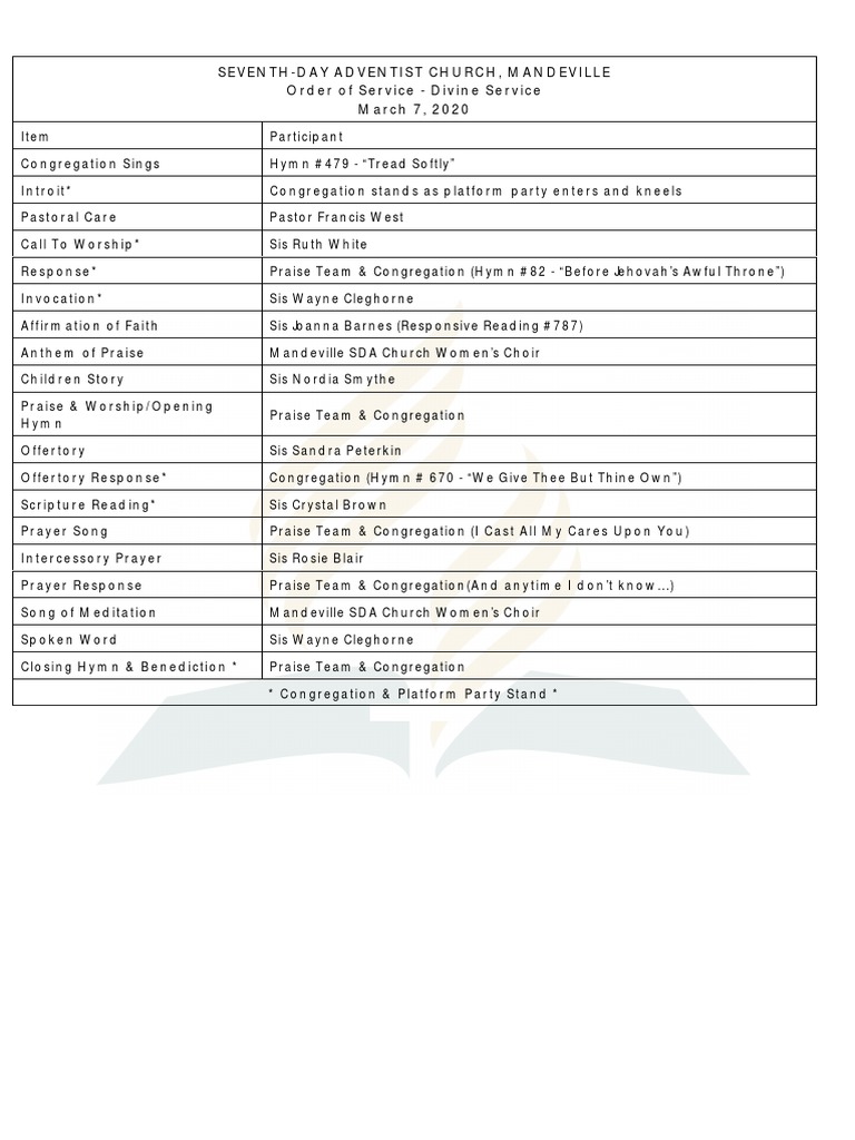 Seventh-Day Adventist Church Order of Service | PDF