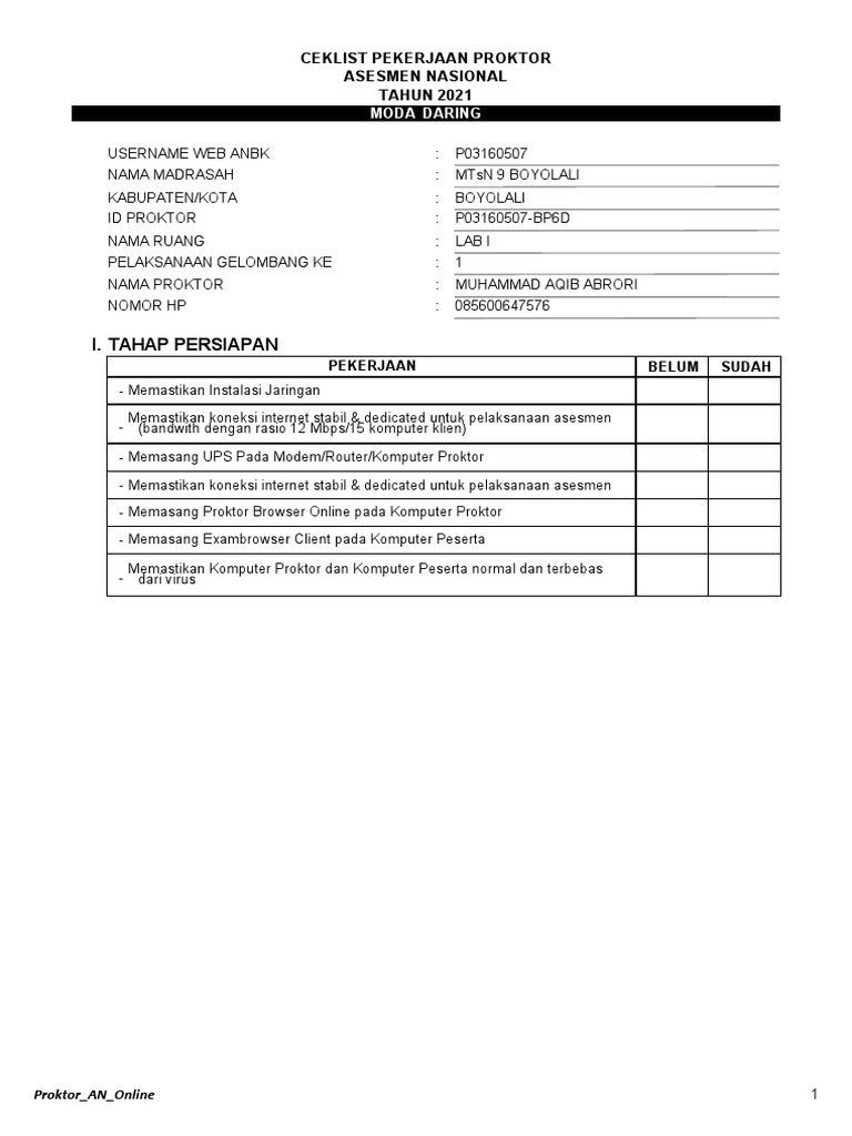 Ceklist Pekerjaan Proktor Asesmen Nasional | PDF