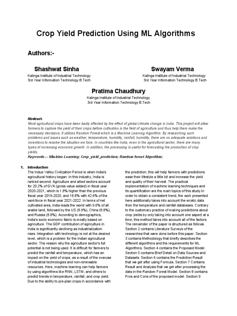 Crop Yield Prediction Using ML Algorithms | PDF | Machine Learning