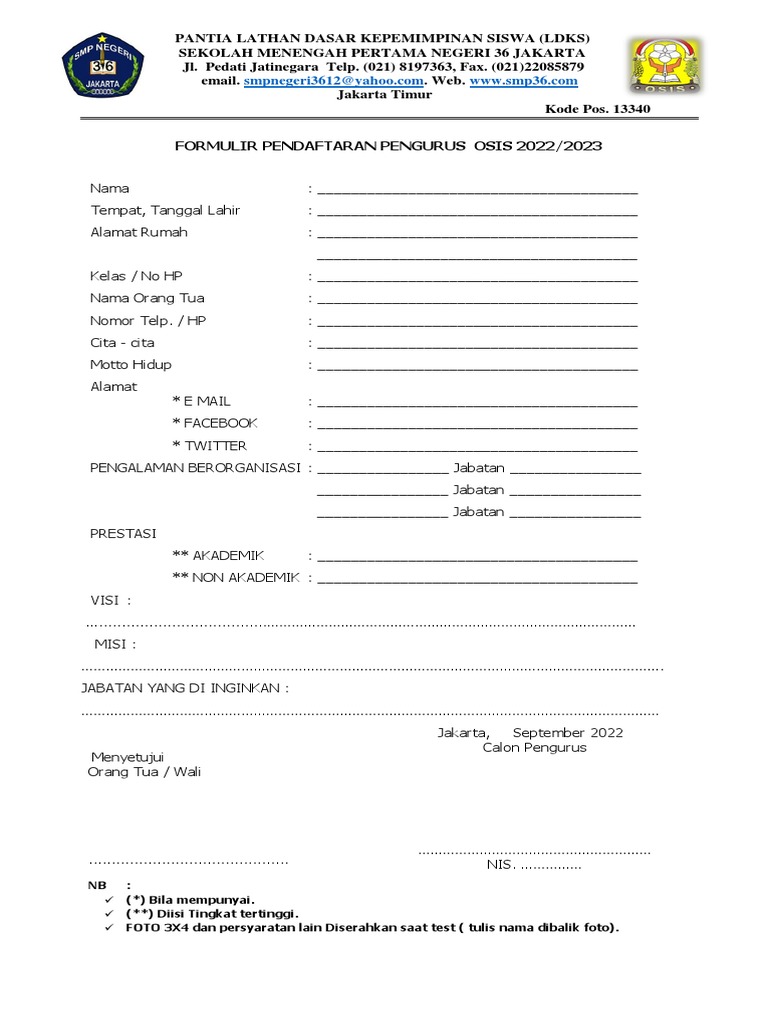 Form Pendaftaran Calon Pengurus Osis | PDF | Seni