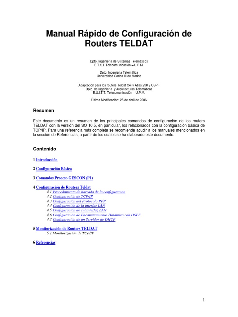 Manual Corto Teldat v2 | PDF | Dirección IP | Enrutador (Computación)