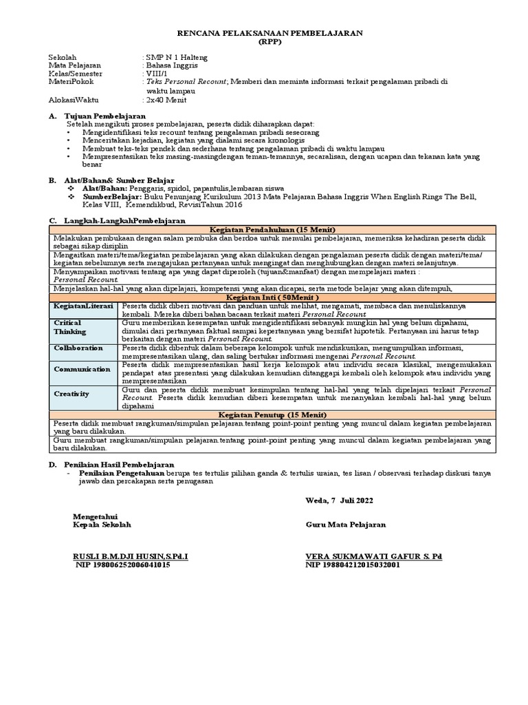 RPP Recount Teks Dan Lampiran-Lampiran | PDF