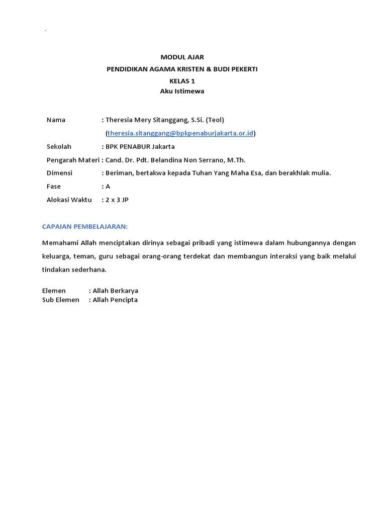 Modul Ajar Pendidikan Agama Kristen Dan Budi Pekerti - Menjadi Pribadi Yang Istimewa - Fase A | PDF
