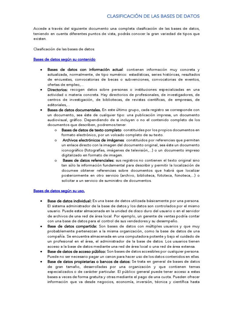 Clasificación de Bases de Datos: Tipos y Usos | PDF | Bases de datos ...