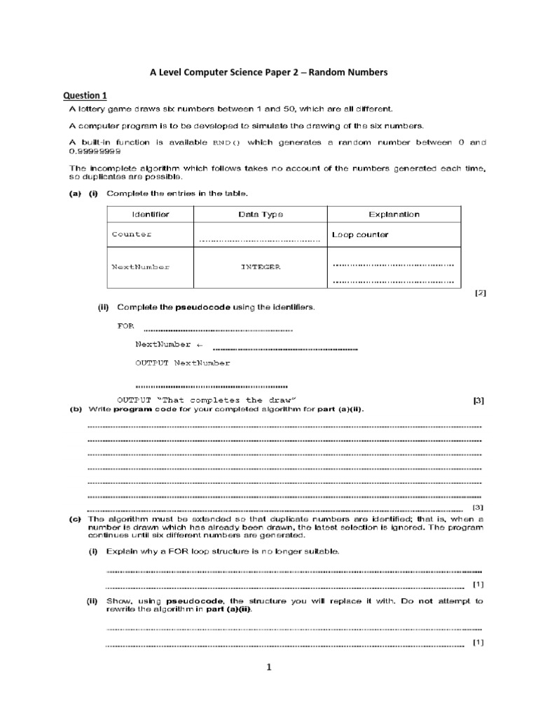 A Level Computer Science Paper 2 - Random Numbers | PDF A Level Computer Science Paper 2 - Random Numbers | PDF