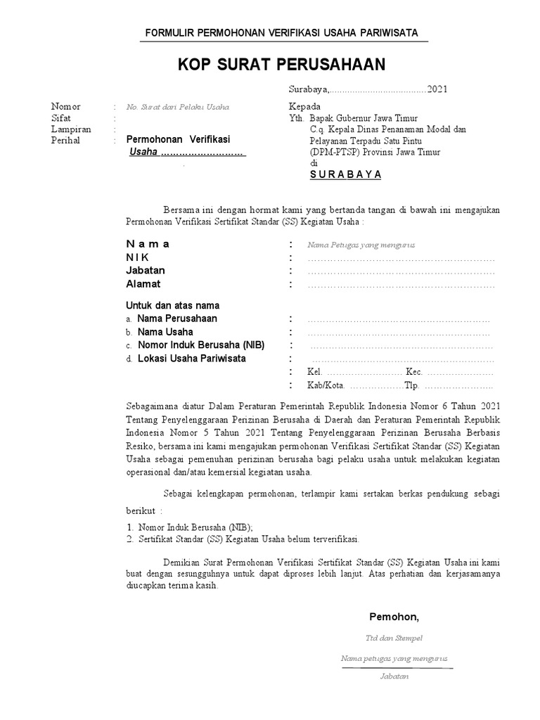 Formulir Pengajuan Verifikasi Ke DPM-PTSP JATIM | PDF