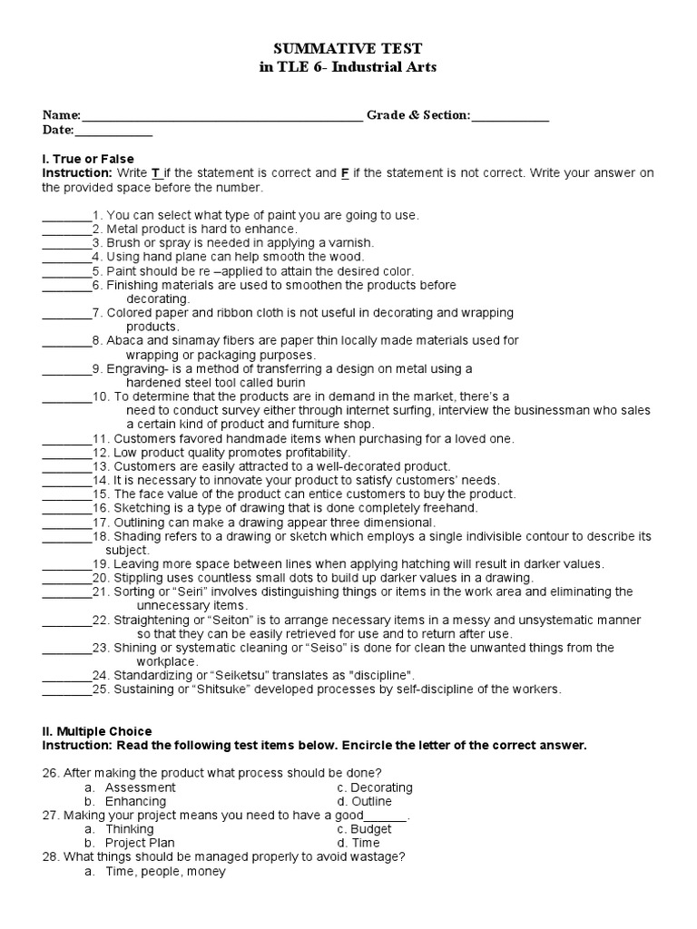 TLE 6 Industrial Arts Summative Test | PDF | Recycling | Drawing